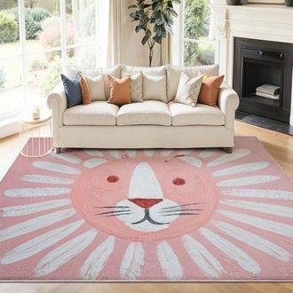 Generic Tapis &agrave; Motif Minimaliste Visage De Lion Grand Antid&eacute;rapant &agrave; Poils Courts Doux Chambre Poil Ras de Sol Rose, 140 x 200 cm