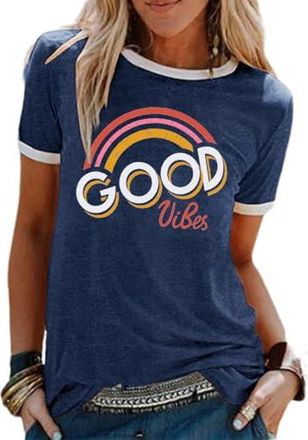 Heekpek T-Shirt Femme &Eacute;t&eacute; Chemisier Chic T-Shirts Blouse Col Rond Tops Manches Courtes T Shirt Grande Taille Coton T Shirt Imprim&eacute;, V Bleu Marine, XL