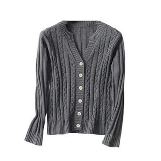 Generic Cardigan en tricot torsad&eacute; &agrave; manches longues et col en V pour femme, Gris, L