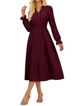 Grace Karin Robe pour femme &agrave; manches longues dautomne vintage avec col en V, volants et coupe droite midi, rouge vin, M