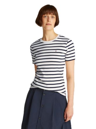 Tommy Hilfiger Damen T-Shirt Kurzarm Slim Cody Rundhalsausschnitt, Mehrfarbig (Breton Dark Night Navy STP), L