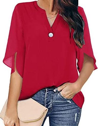 Minetom Femmes T-Shirts à Manches Courtes Eté Casual Top Lâché Col V Hauts Tee Shirt Couleur Unie Blouse Mousseline de Soie Chemisier Tunique Y1 Rouge 48