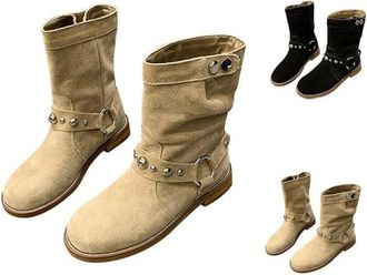 Generic Bottes de cowboy en daim pour femme, bottes occidentales &agrave; bout rond &agrave; talons bas, bottines occidentales avec boucle en m&eacute;tal, bottes de cowgirl mi-mo
