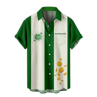 Generic DENGJIAMY Chemise Happy St Patrick Day pour homme Bloc de couleur Tr&egrave;fle Chemise boutonn&eacute;e Chapeau vert Tr&egrave;fle Manches courtes Grande taille Hauts de 