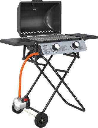 OUTSUNNY Barbecue gaz pliable portable avec couvercle roues 2 br&ucirc;leurs 5,6kW thermom&egrave;tre r&eacute;gulateur tuyau inclus