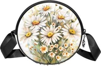Generic Sac &agrave; bandouli&egrave;re rond pour femme, motif fleurs de camomille, petit sac &agrave; bandouli&egrave;re avec fermeture &eacute;clair, bretelles r&eacute;glables, sac &agrave; main rond d&eacute;co