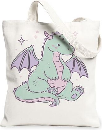 Generic Sacs fourre-tout en toile motif dragon, adorable design mythique, sacs d&eacute;picerie r&eacute;utilisables, amusants de printemps, l&eacute;gers et lavables, blanc, 13x1