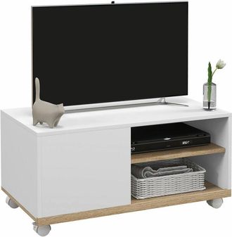 HOMCOM Homcom - Meuble tv sur roulettes avec 2 freins - 2 niches + placard porte 2 passe-fil - panneaux particules blanc chêne clair