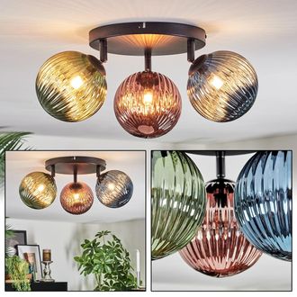 HOFSTEIN Deckenleuchte Chehalis, 3-flammige Deckenlampe aus Metall/Riffelglas in Schwarz/Blau/Gr&uuml;n/Kupfer, verstellbare Leuchte Retro-Design (Schirme &Oslash; 15 cm),