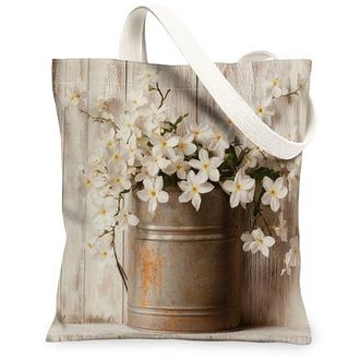 Generic Sac fourre-tout en toile avec motif floral de jasmin printanier, 33 x 38,1 cm, sac d&eacute;picerie r&eacute;utilisable pour femme, peinture esth&eacute;tique en bois, d&eacute;c