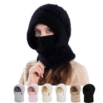 Generic Capuche en tricot thermique pour femme - Bonnet dhiver doubl&eacute; en polaire, cache-cou et couvre-visage Combo bonnet, &eacute;charpe, masque avec cache-oreilles