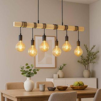 ETC Shop Lampe &agrave; suspendre LED Lampe de table en bois Lampe &agrave; suspendre r&eacute;glable en hauteur Lampe de salon, grands filaments LED, 6x 4W 6x 320lm blanc chaud
