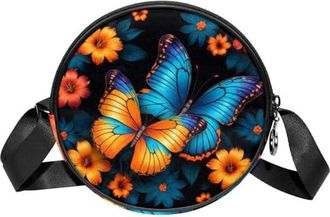 Generic Sac &agrave; bandouli&egrave;re rond pour femme, motif floral et papillon, petit sac &agrave; dos &agrave; bandouli&egrave;re avec fermeture &eacute;clair, bretelles r&eacute;glables, sac &agrave; main rond