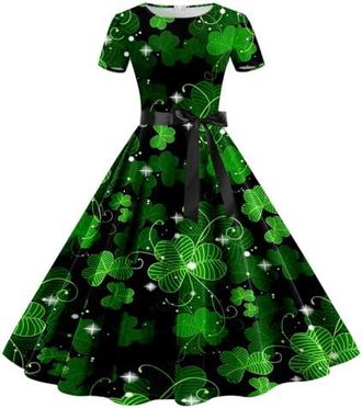 Generic Robe de déguisement pour femme élégante et vintage pour la Saint-Patrick - Coupe ajustée - Imprimé trèfle - Sans manches - Légère - Tunique trapèze - 