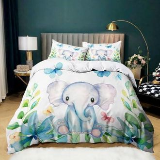 Generic La Peinture &agrave; LAquarelle Parure de lit 140x200 Papillon &eacute;l&eacute;phant de Dessin anim&eacute; Housse de Couette, Ensemble de Literie avec Housses de Couettes et 2 