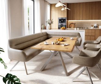 DELIFE Esszimmerbank Taya-Flex 285x190 cm Mikrofaser Beige Vintage Kreuzgestell kantig Edelstahl Taschenfederkern Links, Eckb&auml;nke