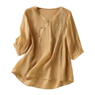 Generic Chemisiers en lin pour femme &agrave; manches 3/4 vintage avec broderie boutonn&eacute;e et manches courtes - Hauts d&eacute;contract&eacute;s pour femme - V&ecirc;tements boh&egrave;mes, jau