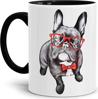 Tassendruck Hunde-Tasse Bulldogge - Kaffeetasse/Mug/Cup Innen und Henkel Schwarz - Qualität Made in Germany