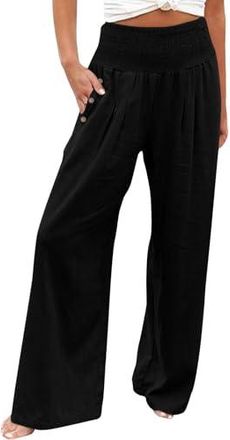 Generic Pantalon d&eacute;t&eacute; en lin pour femme - Pantalon baggy pour femme - Pantalon l&eacute;ger - Taille haute - Pantalon de plage avec &eacute;lastique - Respirant - Pantalon 