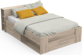 PEGANE Lit adulte 140x190 cm avec rangement 3 tiroirs couleur ch&ecirc;ne - Largeur 150,1 x Profondeur 217,1 x Hauteur 74,3 cm