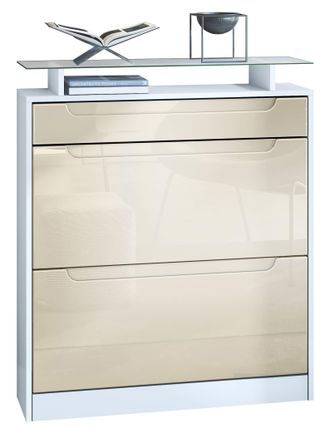 Vladon Schuhschrank Fiesta, Wei&szlig; matt/Creme Hochglanz/Creme Hochglanz Schuhkipper f&uuml;r 16 Paar Schuhe mit 2 Klappen (89 x 104 x 23 cm)