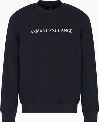 A|X Armani Exchange Mens Long Sleeve Front Logo Lettering Round Collar, Sweatshirt, Blue, L