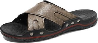Generic Pantoufles en cuir &agrave; bout ouvert pour homme - Confortables - R&eacute;tro - D&eacute;contract&eacute; - Sandales d&eacute;t&eacute; &agrave; enfiler pour homme, kaki, 47 1/3 EU