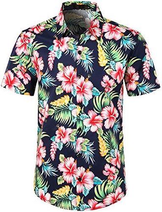 JOGAL Chemise hawaïenne pour homme à manches courtes avec boutons en coton à motif floral, Hibiscus de la marine, Large