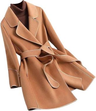 Generic Winter Long Coats for Women Fashion Belted Wool Trench Coat Notched Lapel Pea Coats Winter Warm Jackets Outwear Camel 3X Large