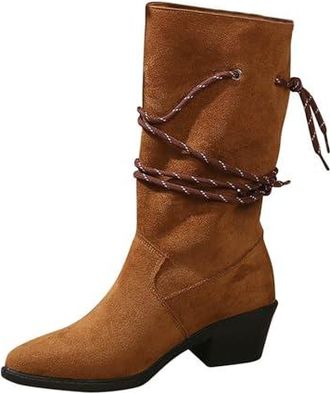 Generic Bottes mi-mollet pour femme &agrave; talon bloc - &Eacute;l&eacute;gantes - R&eacute;tro - D&eacute;contract&eacute;es - Couleur unie - Confortables - Larges mollets - Chaussures de marche &agrave; e