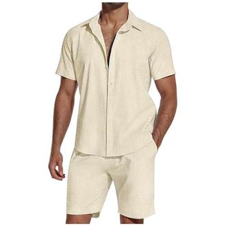 Generic Chemise et short en lin pour homme, short et chemise en lin pour homme, coupe droite, tenue d&eacute;contract&eacute;e, l&eacute;g&egrave;re, v&ecirc;tements d&eacute;t&eacute;, vacances, plage, id&eacute;
