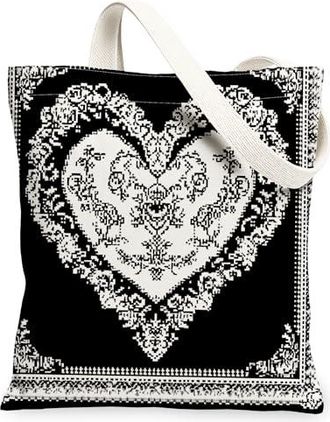 Generic Sacs fourre-tout vintage en toile &agrave; motif de coeur, motif floral &eacute;l&eacute;gant, sacs d&eacute;picerie r&eacute;utilisables, l&eacute;gers et lavables en toile pour voyage, shopp