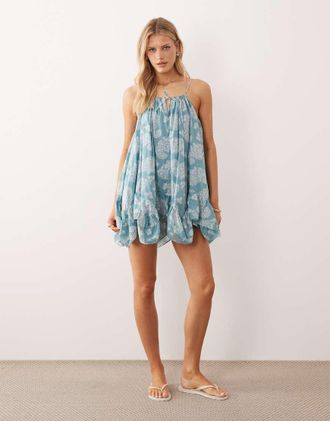 Iisla & Bird Robe courte &agrave; ourlet mouchoir et imprim&eacute; cachemire - Bleu cendr&eacute;