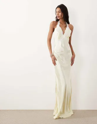 SNDYS Robe longue dos nu en satin et dentelle contrastante - Citron-Jaune