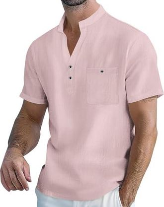 Generic Chemise en lin pour homme, chemise d&eacute;t&eacute; d&eacute;contract&eacute;e Henley solide et d&eacute;contract&eacute;e avec poche pour vacances tropicales, plage, pour hommes adultes, ch