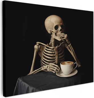 MuchoWow &copy; Leinwandbild 70x50 cm Dekoration Wohnzimmer Bilder Pictures Wall Decoration Living Room Wohnungs Deko Moderne Bild Skelett - Kaffee - Trinken - Sch&auml;