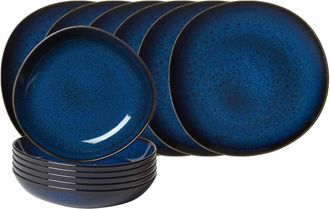like. by Villeroy & Boch Lave Bleu Tafel-Set 12-teilig, Tafelservice aus Speisetellern (28 cm) und Suppenschalen (21 cm) für 6 Personen, Steingut, Blau
