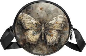 Generic Sac &agrave; bandouli&egrave;re rond pour femme, motif papillon vintage, petit sac &agrave; bandouli&egrave;re avec fermeture &eacute;clair, bretelles r&eacute;glables, sac &agrave; main rond d&eacute;contr