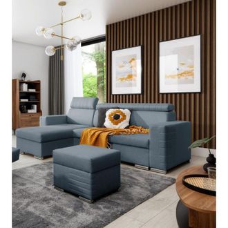 Fun M&ouml;bel Fun Moebel - Ecksofa Schlafsofa inkl. Hocker canton Stoff Liverpool Azurblau Ottomane Links