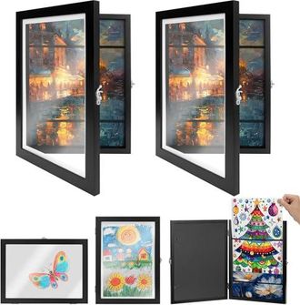 Navaris Cadre Dessin Enfant A4 - Lot 2 Cadres Dessins Enfants &agrave; Changer en Bois avec Ouverture Frontale - Cadre a Dessin pour Rangement Photo DArt Mural - Cad