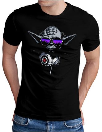 OM3 DJ-YODA T-Shirt - Herren - Deejay Headphones Party Club Music Turntables - Schwarz, 3XL