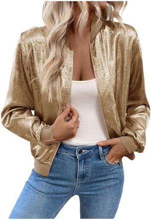 Generic Veste courte brillante, veste légère à fermeture éclair pour femme, manteau décontracté à col montant avec fermeture éclair, haut de vêtements dextéri