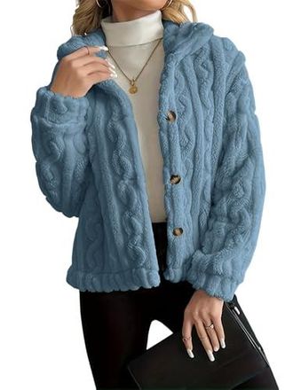 Generic Vestes de lit en polaire Sherpa pour femme - Long cardigan - Veste pelucheuse &agrave; boutons - Col montant - Manteaux dhiver doux d&eacute;contract&eacute;s, bleu, XXL