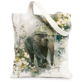 Generic Sacs fourre-tout vintage en toile motif &eacute;l&eacute;phant artistique, sacs de courses r&eacute;utilisables, l&eacute;gers et lavables avec bandouli&egrave;re, blanc, 13x15 Inch