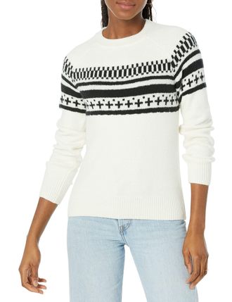 Amazon Essentials Damen Soft-Touch-Pullover mit Rundhalsausschnitt und Fair-Isle-Muster, Schwarz Weiß Simplified Fairisle, XXL