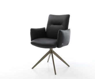DELIFE Drehstuhl Jova-Flex mit Armlehnen Echt-Leder Schwarz Kreuzgestell breit Effektfinish Titan 360&deg; drehbar Wippfunktion Taschenfederkern, Esszimmerst&uuml;hle