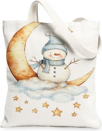 Generic Sacs fourre-tout en toile motif bonhomme de neige mignon, sacs &agrave; provisions r&eacute;utilisables, vacances fantaisie, l&eacute;gers et lavables, Blanc, 13x15 Inch