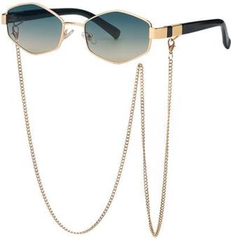 Generic Lunettes de soleil hexagonales à petite monture 2026 2024 pour femmes avec chaîne, lunettes de soleil pour dames nuances, Vert/jaune, Taille unique