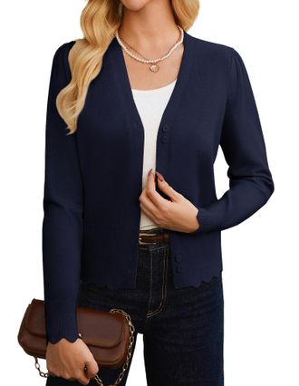 Grace Karin Leichte Sommerjacke Damen Freizeit Einfarbig Blaue Business OL Cardigan mit Kn&ouml;pfen Bolero CL273-03/Marineblau XL