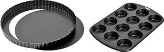 Original Kaiser Classic Tarteform mit Hebeboden 28 cm, Quicheform antihaftbeschichtet & Inspiration Muffinform Blech für 12 Muffins, Muffin Backblech 38 x 27 cm, besc